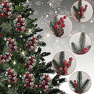 KEEPAA 10Pcs Christmas Artificial Berries Pine Cones Stems Decor, Faux Red Berry Stem Simulation Pinecones Branches for Xmas Tree Decorations, Floral Arrangement DIY Wreath Winter Holiday Décor