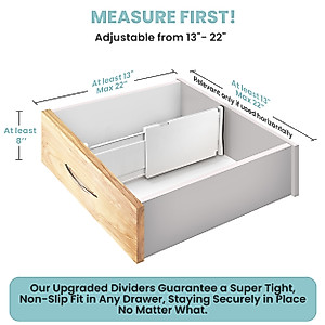 RAPTUROUS 8" Tall Drawer Dividers, 6 Pack, 13-22" Long, Expandable & Adjustable, Strong & Sturdy Non-Slip Dividers for Dresser, Kitchen, and Clothing (White)