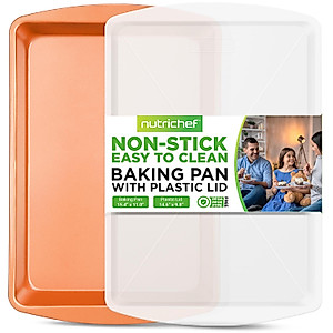 NutriChef Non-Stick Baking Pan w/Lid - Heavy Duty Carbon Steel Bake Tray for Roasting & Baking - Premium Multi-Layer Nonstick Coating, PTFE, PFOS, PFOA Free - 15" x 11", Copper
