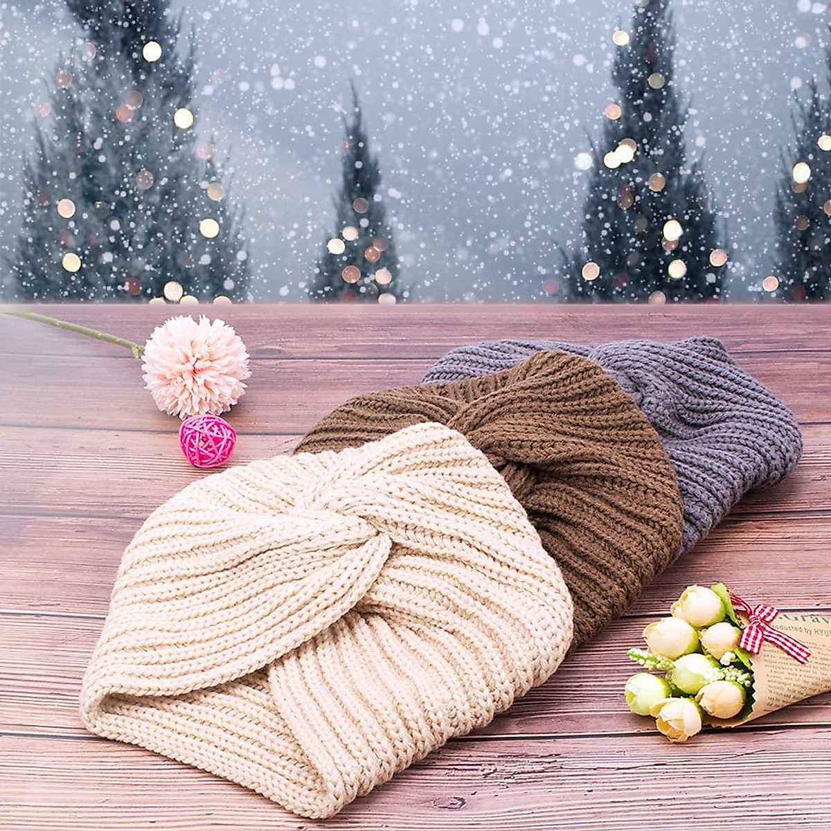 3pcs Womens Winter Hats, Beanie Hat for Women, Knit Hat Slouchy Beanies Wool Hat, Warm Turban Hat Thick Chemo Caps for Cancer Patient, White Gray Brown