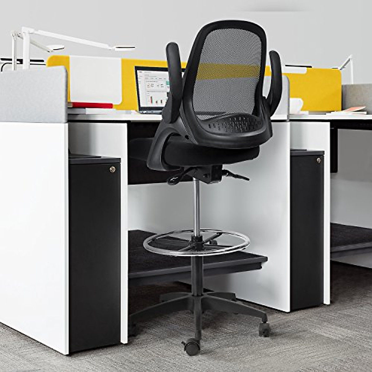Devoko Drafting Chair Tall Office Chair with Flip-up Armrests Executive Computer Standing Desk Chair with Lockable Wheels and Adjustable Footrest Ring (Black)