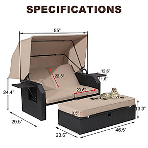 LVUYOYO Patio Wicker Furniture Set - Outdoor Rattan Sofa Set with Retractable Canopy, Side Table, Ottoman, Cushion - PE Rattan Loveseat for Backyard Porch Garden Poolside Balcony