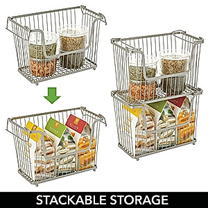 mDesign Wire Basket — Multipurpose Organiser Basket with Adjustable Handles — Stackable Bathroom and Kitchen Storage Solution — Set of 3 — Matte Silver