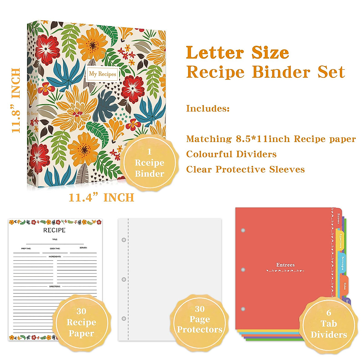 SUPMIND Recipe Binder 8.5" x 11" 3 Ring Full Page-Make Your Own Cookbook Binder with Plastic Page Protectors, Color Printing Paper and Full Page Dividers for Family Recipes.