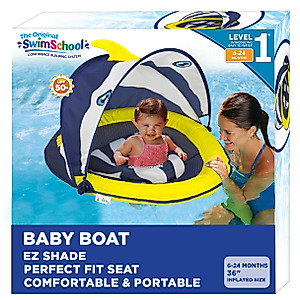 SwimSchool Deluxe Baby Float with Adjustable Canopy - 6-24 Months - Baby Swim Float with Splash & Play Activity Center Safety Seat - Navy/White