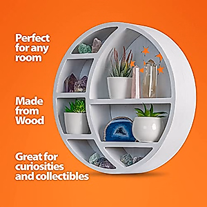 White Crescent Moon Shelf for Crystals, Wiccan Decor Crystal Shelf for Essential Oils, Wooden Moon Decor Crystal Display for Bedroom Bathroom and Kitchen Wall Mounted