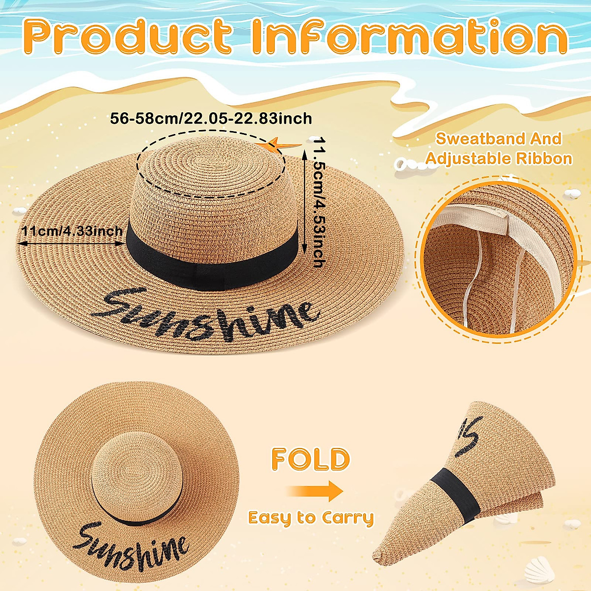 Sureio 6 Pcs Beach Hat for Women Summer Floppy Hat Embroidered Foldable Sun Hat Large Brim Adjustable Straw Hats for Women Vocation Travel
