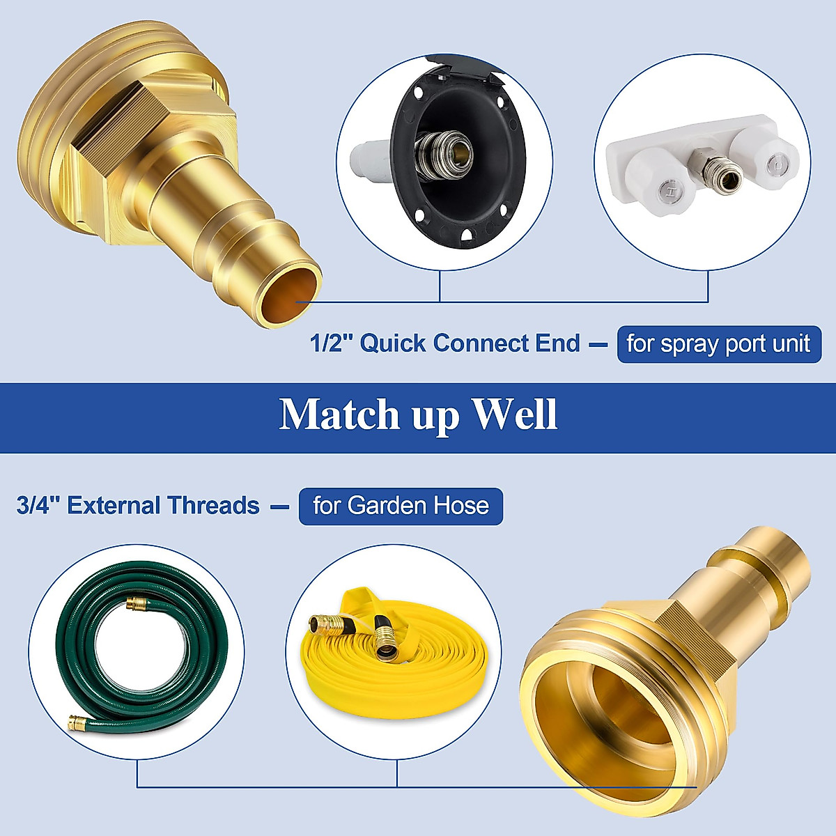 Dreyoo Quick Connector Hose Adapter Replacement for PF247007, 1/2" Quick Connector for 3/4" Garden Hose RV Spray Port Outlet and Spray Away, Quick Connectors Adapter with PTFE Tape, Brass(2 Pcs)
