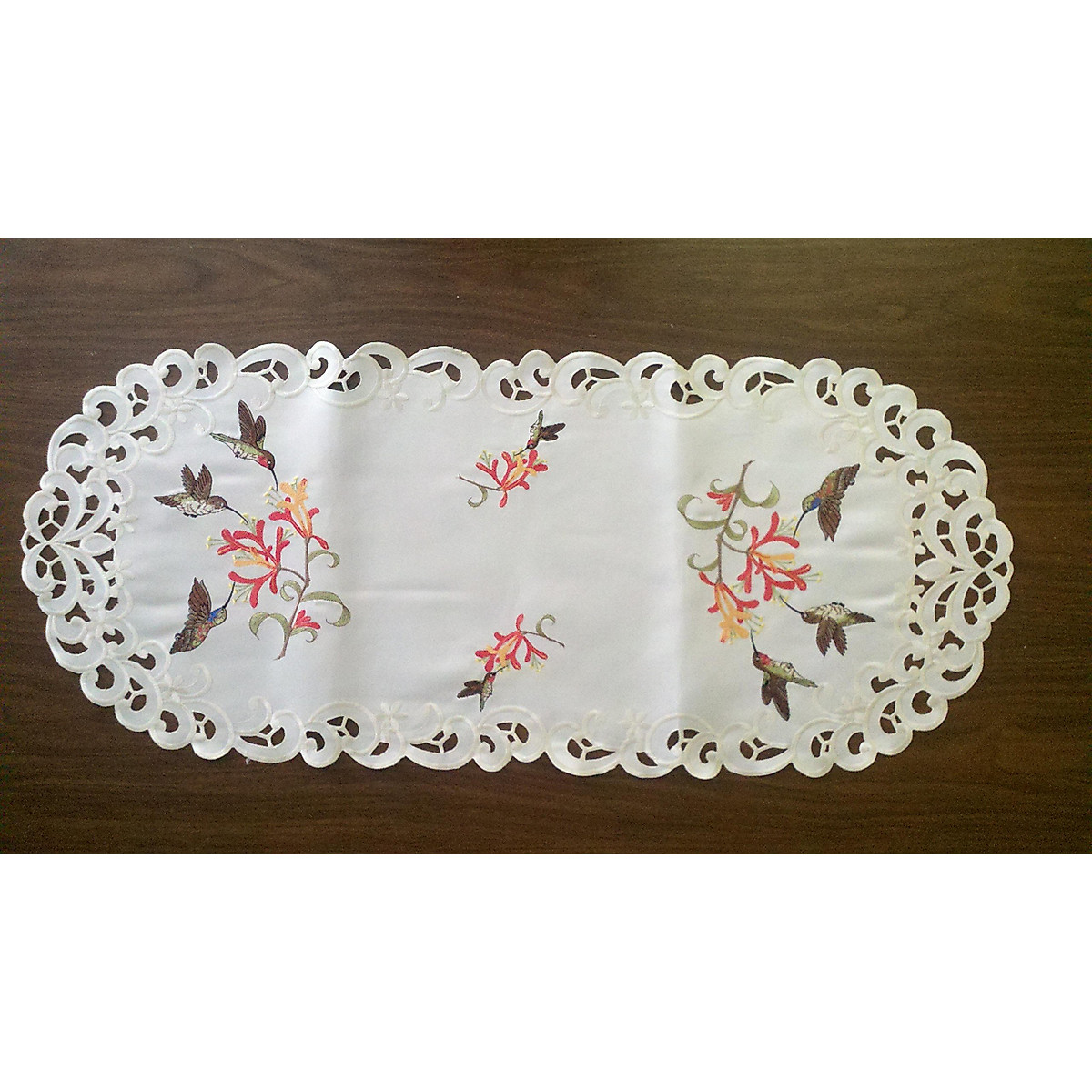 Doily Boutique Table Runner Embroidered with Hummingbirds on Ivory Material, Size 54 x15 inches