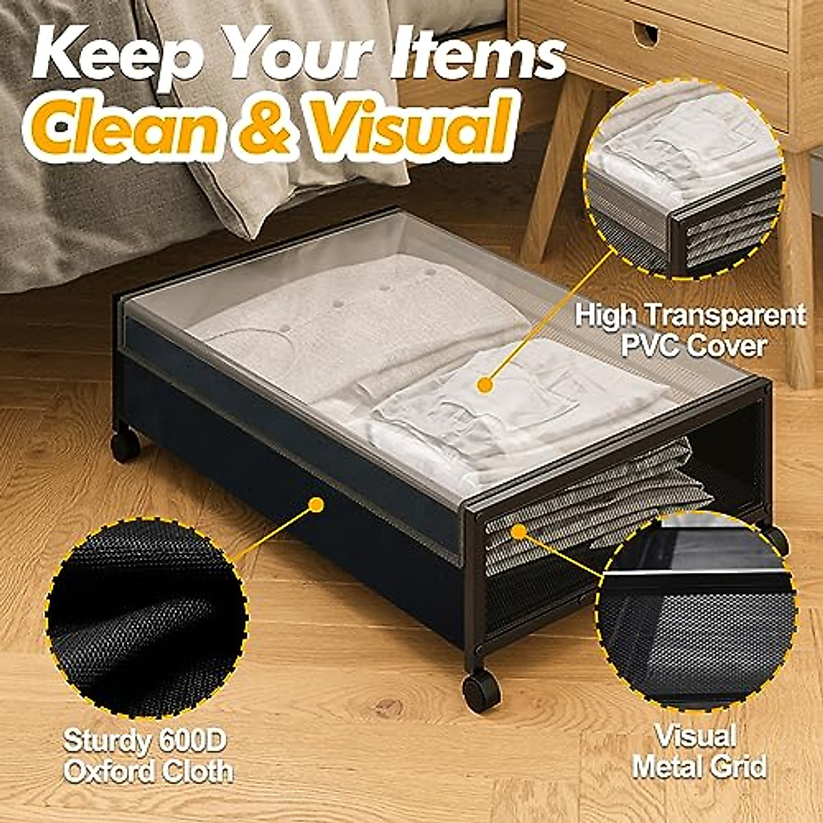 UEAKPIC Under Bed Storage Containers with Wheels, 2 Pack Under Bed Shoe Storage Organizer, Rolling Under Bed Storage Metal Drawer, Organization and Storage for Clothes, Toys, Blankets, Books