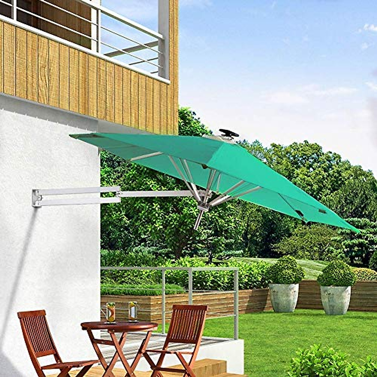 BEdaw Parasols 250cm Wall Mount Garden with Solar Lights - Outdoor Patio Sunshade Umbrella with Tilt Adjustment, Green