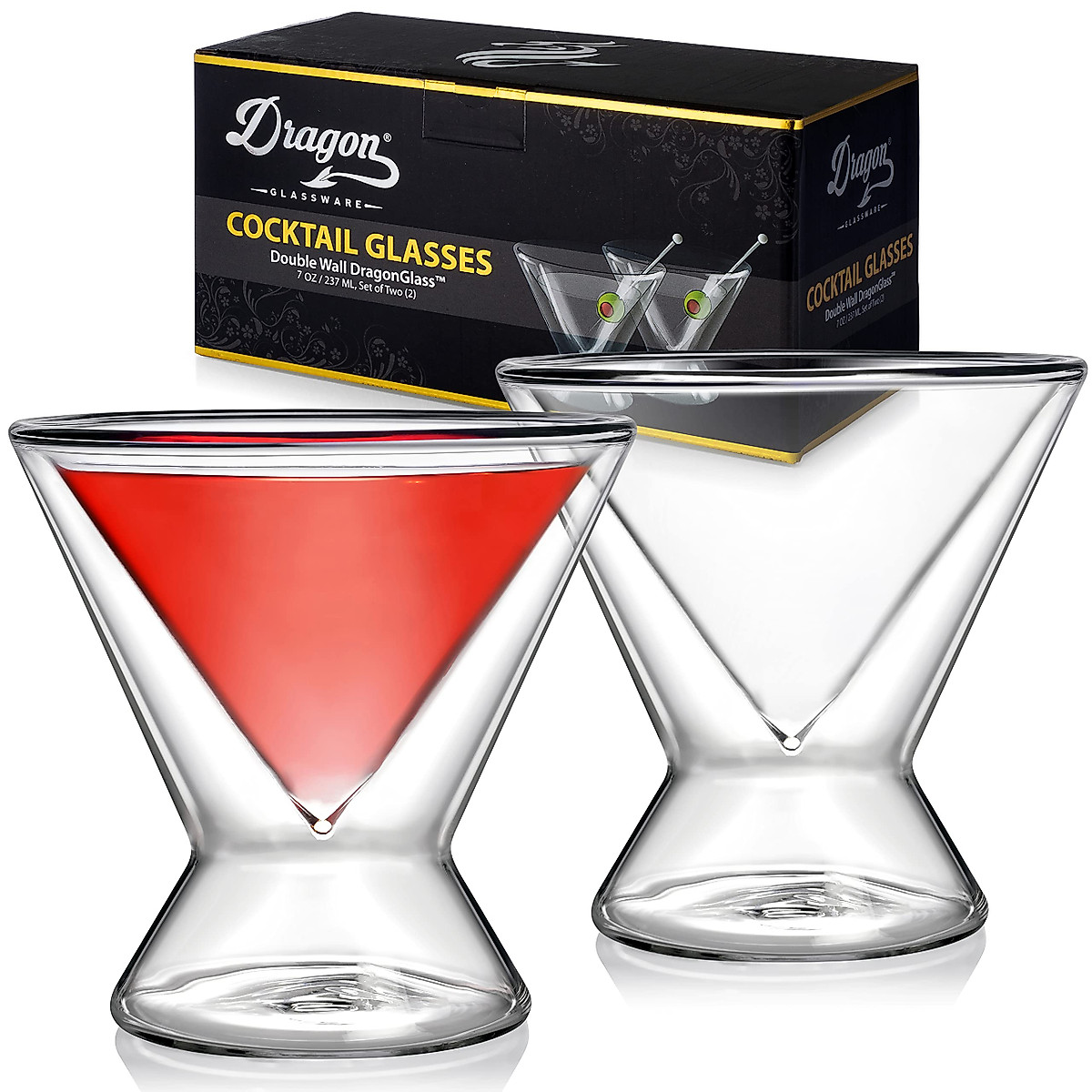 Dragon Glassware Stemless Martini Glasses - 7oz Clear Martini Glasses Set of 2 - Double Wall Insulated Cocktail Glass Set - Unique and Fun Gift for Espresso Martini Lovers