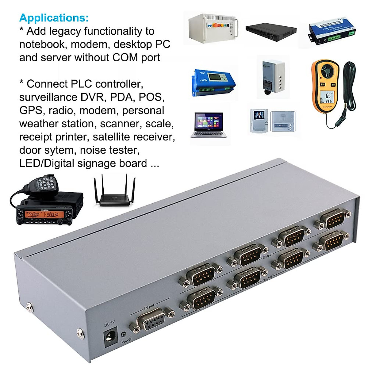 DTech Serial Splitter 8 Port Industrial RS232 Expander COM Port Switch Box with Power Adapter for Sharing PCs and Capture Data - 1x8