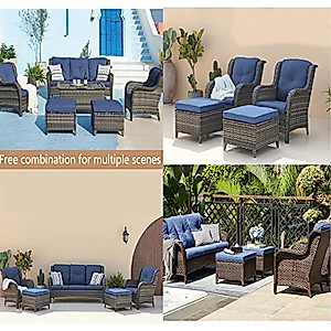 HUMMUH Outdoor Wicker Chairs PE Rattan Patio Dining Chairs Set of 2 High Back Curved Armrest Porch Chairs with 4 inch Seat Cushions (Grey Chairs with Blue Cushions, 35‘’D x 31''W x 35''H)