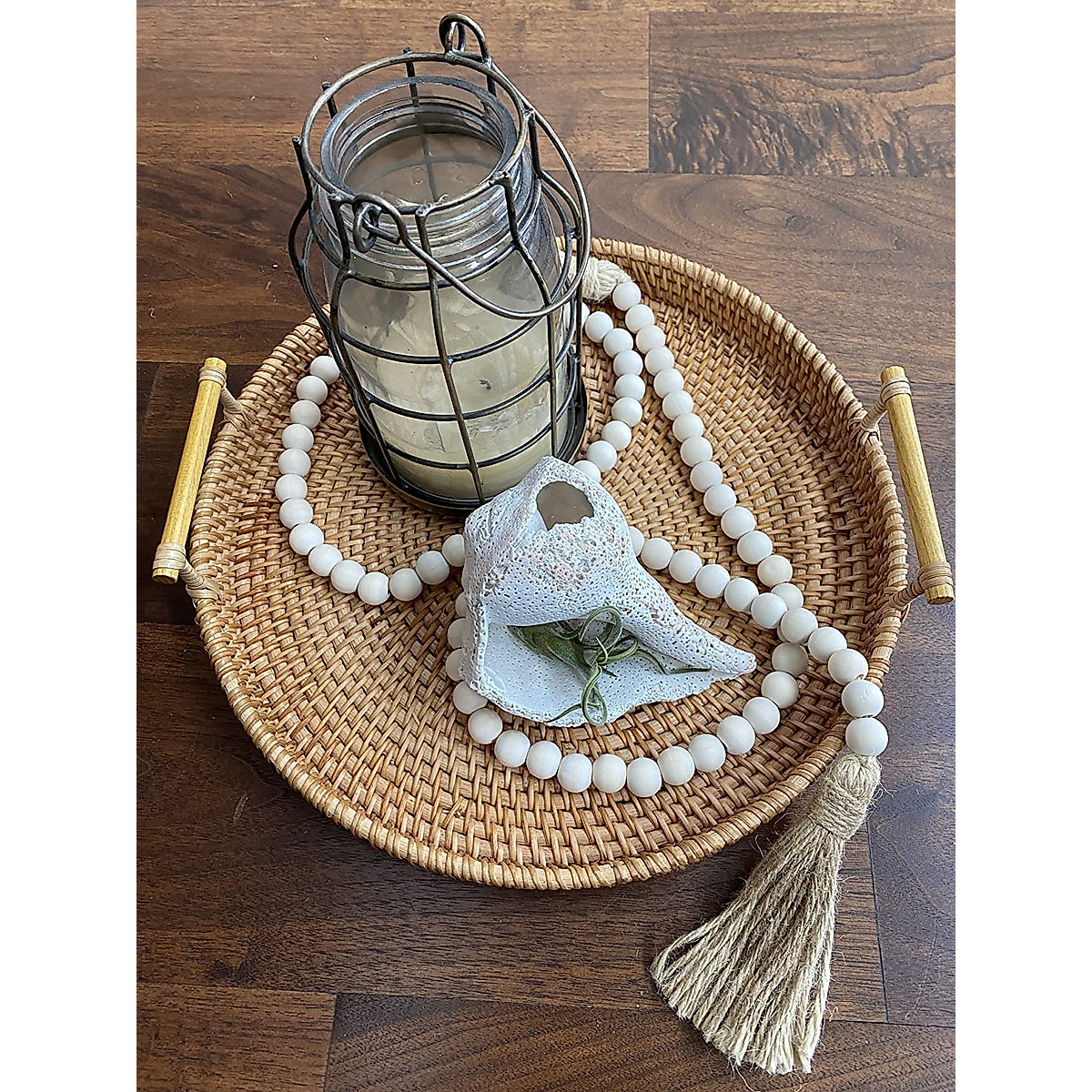 LSKYTOP 58 Inches Wood Bead Garland with Tassel,Farmhouse Rustic Prayer Boho Wooden Beads for Tiered Tray Coffee Table Mantel Decor (1 Pack)