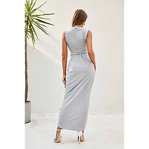 ZAFUL Women’s 2 Pieces Skirt with Crop Tank, High-Slit Twist Skirt Set Bodycon Dress for Party Club Nightout Cocktail (Grey-Ruched, Large)