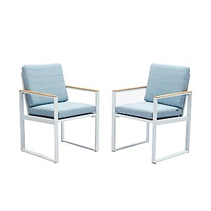 LebenLiebe Outdoor Dining Chair Set Patio Dining Chairs Set of 2 with Seat Cushions Aluminum Outdoor Furniture Chair with Teak Armrest for Garden,White Frame