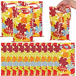 Whaline 50Pcs Fall Party Favor Bags Plastic Treat Bags with Handles Maple Leaves Decorative Goodie Candy Bags for Autumn Thanksgiving Party Gift Wrapping Supplies