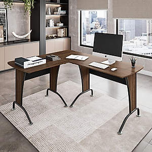 Techni Mobili Deluxe L Shaped, Corner Configurable as Left/Right-Handed L Inline, Durable Steel Frame with Spacious Work Area, Walnut and Grey Office Desk, 67” W x 57” D x 29” H