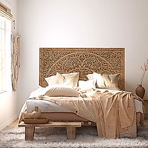 Rectangular King Size Bed Headboard, Wall Mounted Hanging Wooden Panels, Hand Carved Teak Wood Furniture, Rustic Brown color, 76x38 inches