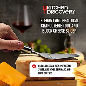 Cheese Slicer Handheld – Kitchen Discovery – Stainless Steel Cheese Plane Cuts Semi Hard and Hard Cheese into Thin, Uniform Slices – Elegant and Practical Charcuterie Tool and Block Cheese Slicer