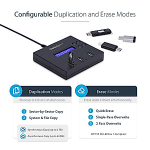 StarTech.com Standalone 1 to 2 USB Flash Drive Duplicator / Cloner / Eraser, Multiple USB Thumb Drive Copier / Sanitizer, System File / Sector-by-Sector Copy, 1.5 GB/min, 3-Pass Erase, LCD, TAA