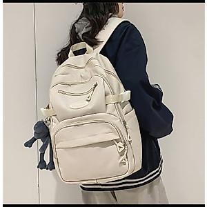 MININAI Preppy Backpack with Frog Plushies Fit 15.6 inch Laptop Large Capacity Backpack Cute Korean Style College Backpack (One Size,White)