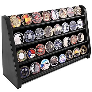 ASmileIndeep 4 Rows Wooden Military Challenge Coin Display Case Wall Mount - Army Coin Collectibles Holder Display Stand Rack, Black