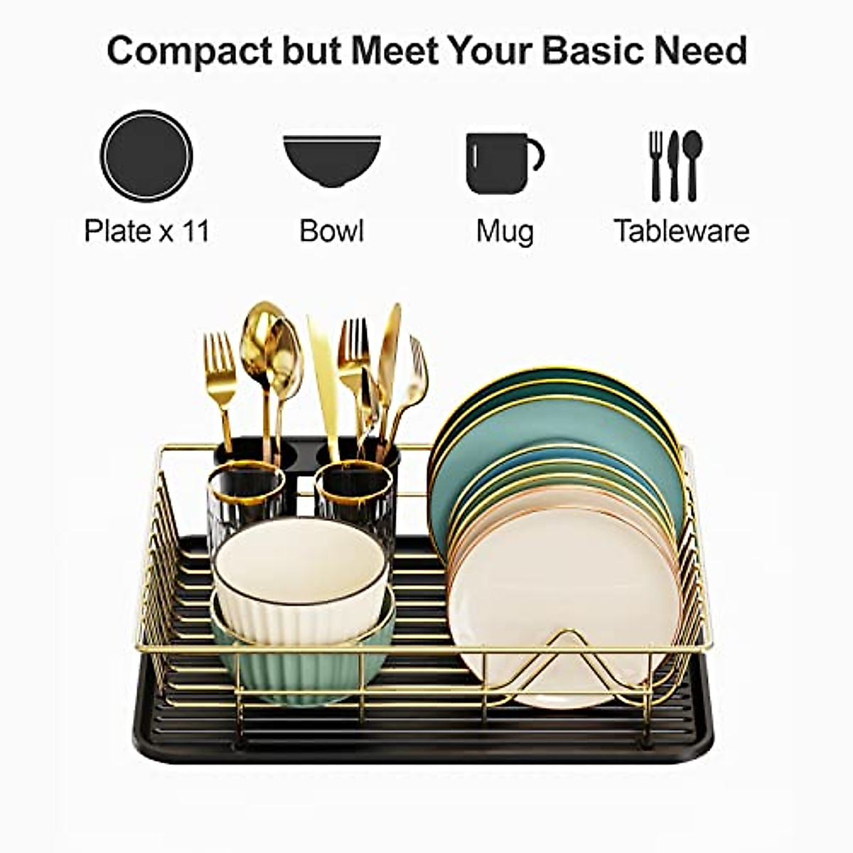 GSlife Dish Drying Rack with Drainboard - Dish Racks for Kitchen Counter, Dish Drainer with Utensil Holder, No Drain Spout, Gold and Black