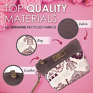 SIXTEASE Women's Fashion Wristlet Small Clutch With Wrist Strap - Vintage Style Zipper Made with Genuine Leather, Upcycled Canvas, Rug, or Hair On - Unique Designs, Hand Stitched - Iris