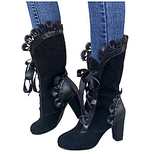 GserGdK Women Victorian Boots Witch Boots Goth Boots Sweet Bow Boots Chunky Heel Mid Calf Boots Faux Suede Lace Up Renaissance Ankle Boots Kawaii Cosplay Shoes with Bow