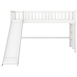 Harper & Bright Designs Twin Size Low Loft Bed Frame with Ladder and Slide for Kids,White