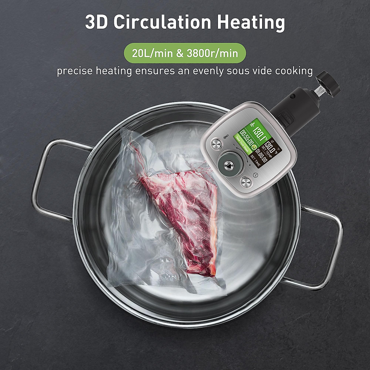 KitchenBoss Wifi Sous Vide Cooker: Ultra-quiet Sous Vide Machine Built-in Color Display Recipes Waterproof, 1100 Watts Sous Vide Immersion Circulator Precision Cooker Magnetic Knob APP Control, Silver