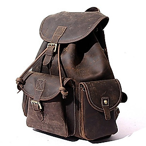 Berchirly Drawstring Backpacks Ladies 14.7Inch Leather School Shoulder Bags Bookbag Men Women Outdoor Bagpack Dark Coffee