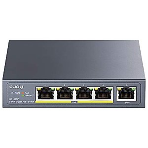 Cudy GS1005P 5 Port Gigabit PoE Switch, 4 PoE+ @60W, Desktop/Wall, Plug and Play, Sturdy Metal w/ Shielded Ports, Fanless, Traffic Optimization