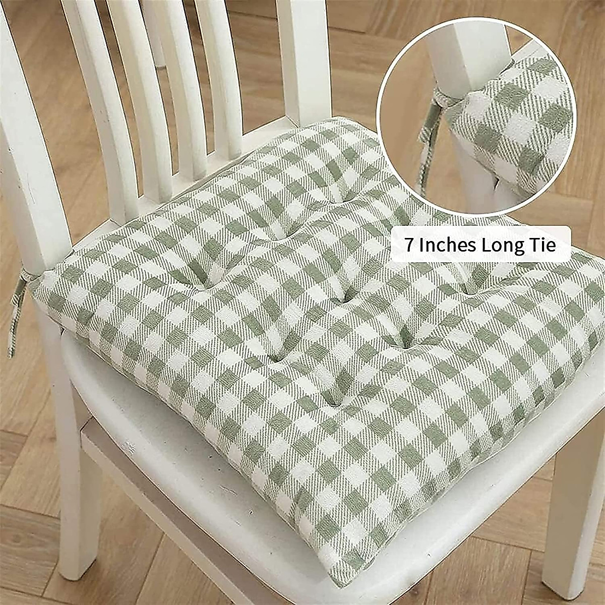 WAGHAIXAX 16 inch x16 Buffalo-Checked Plaid Dining Chairs Cushions, Soft Seat Pads Set Cotton Filled Square Cushion Chair for Kitchen Room Office, with Ties (Green, 6)