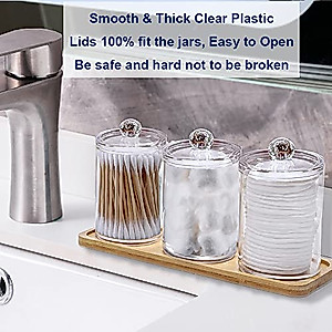 WISIEW 4 Pack Qtip Holder Dispenser for Cotton Ball, Cotton Swab, Cotton Round Pads, Floss - 10 oz Clear Plastic Apothecary Jar Set for Bathroom Canister Storage Organization, Vanity Makeup Organizer