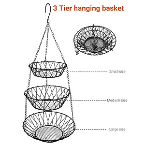 WILLIZTER 3 Tier Hanging Basket with Sturdy Metal Chain Hanging Hooks Fruit and Vegetable Basket Heavy Duty Wire Organizer Space Saving Rustic Country Style Kitchen Storage