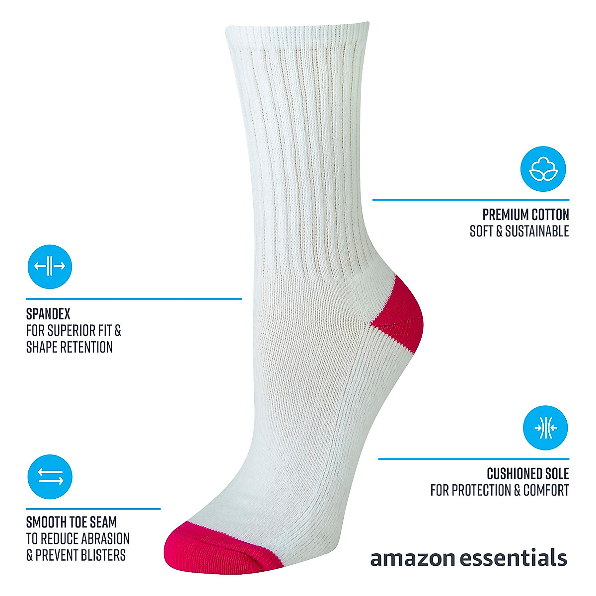 Amazon Essentials Women's Cotton Crew Socks, Lightly Cushioned, 10 Pairs, White, 6-9