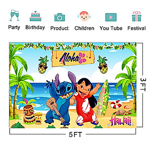 Summer Aloha Backdrop Birthday Party Supplies 5x3ft Tropical Beach Tawaii Photo Backgrounds Lilo and Stitch Theme Baby Shower Banner for Birthday Cake Table Decoration