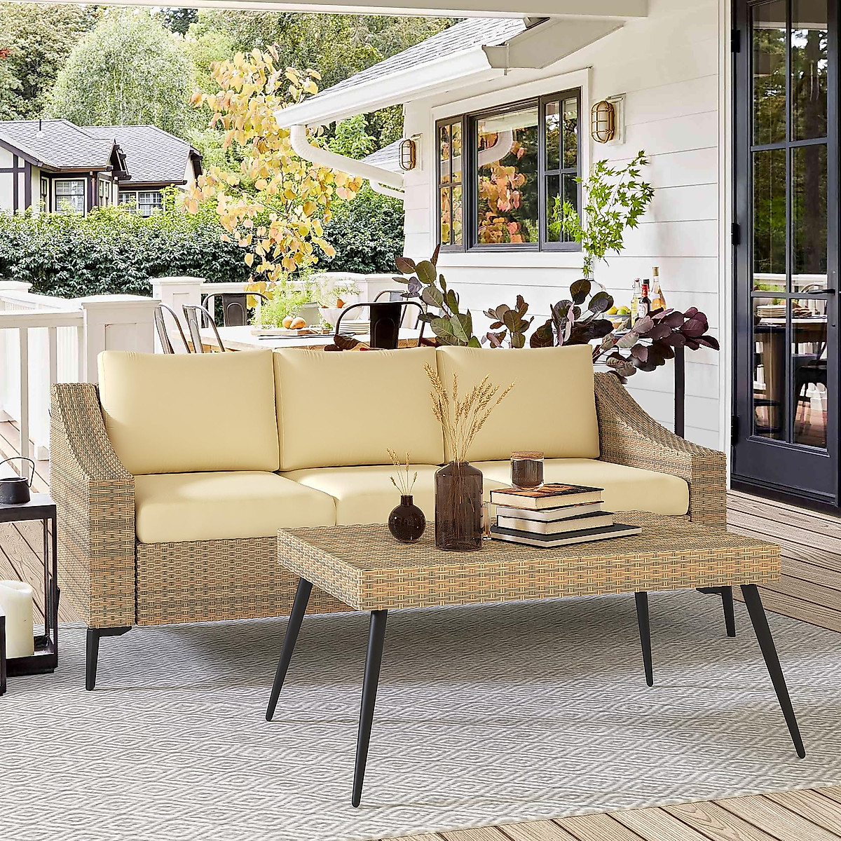 YITAHOME 2 Piece Patio Furniture Set, 3 Seater Wicker Outdoor Sofa with Thick Cushions & Rattan Table, Patio Conversation Sectional Sofa Set for Deck, Porch, Balcony - Khaki