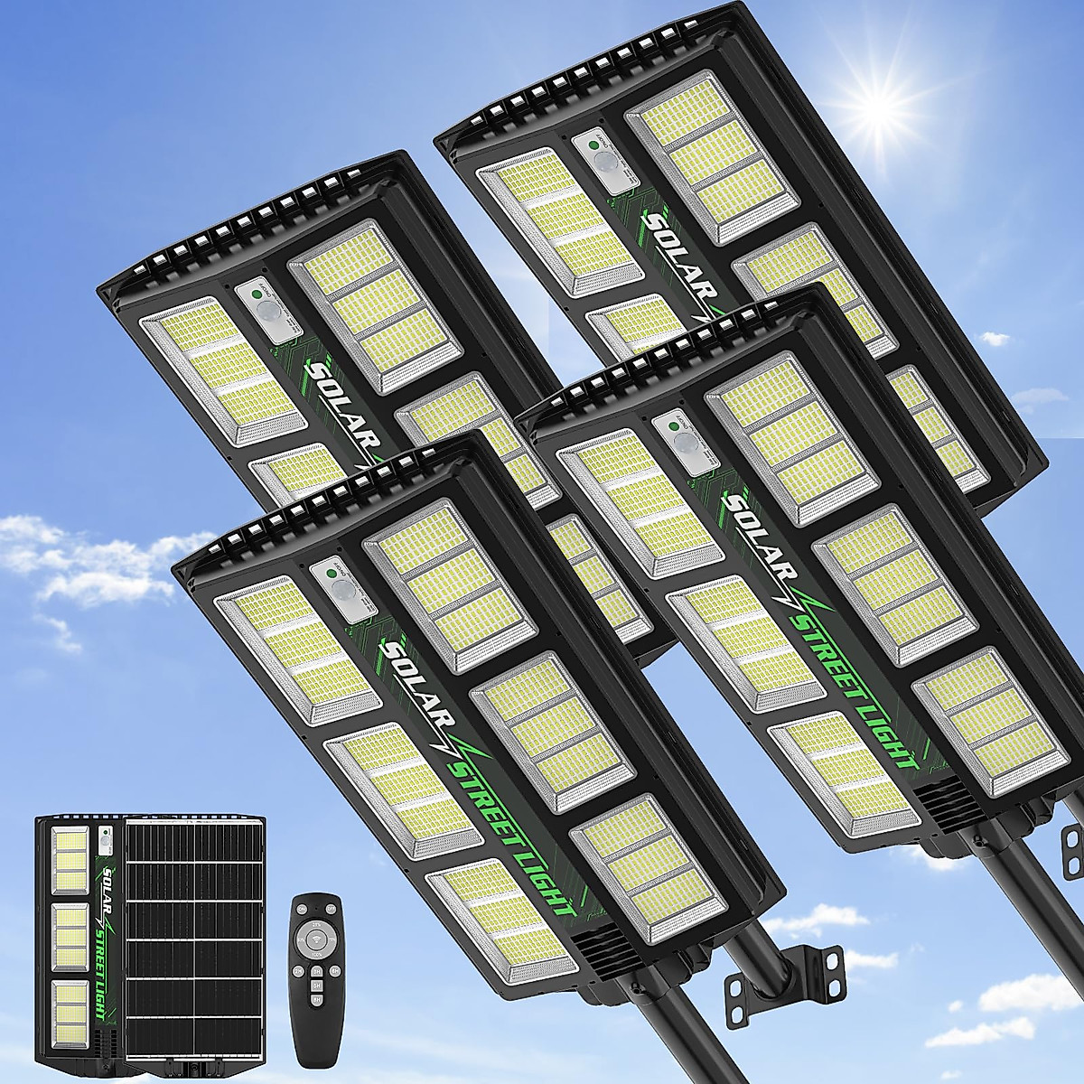 1200W Solar Street Lights Outdoor Waterproof with Remote Control, 1170 LEDS 6500K Solar Parking Lot Lights Dusk to Dawn, Waterproof IP65 Solar Street Light with Motion Sensor for Yard, Garage PACK