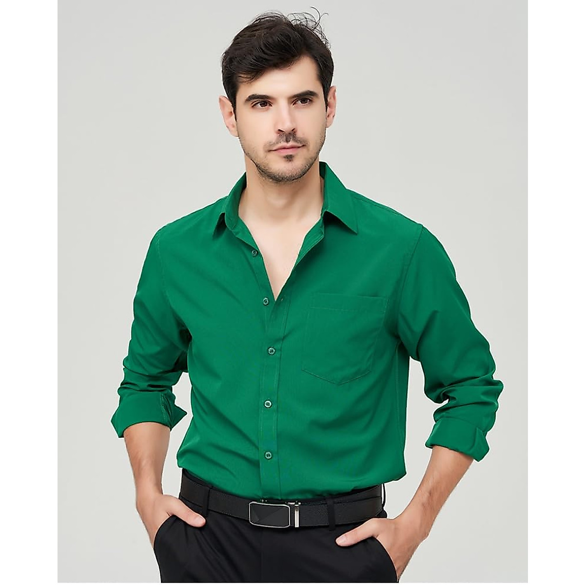 corfty Men Long Sleeve Dress Shirt - Regular Fit Stretch Free-Wrinkle Casual Button Down Shirt (Grass Green, XX-Large)