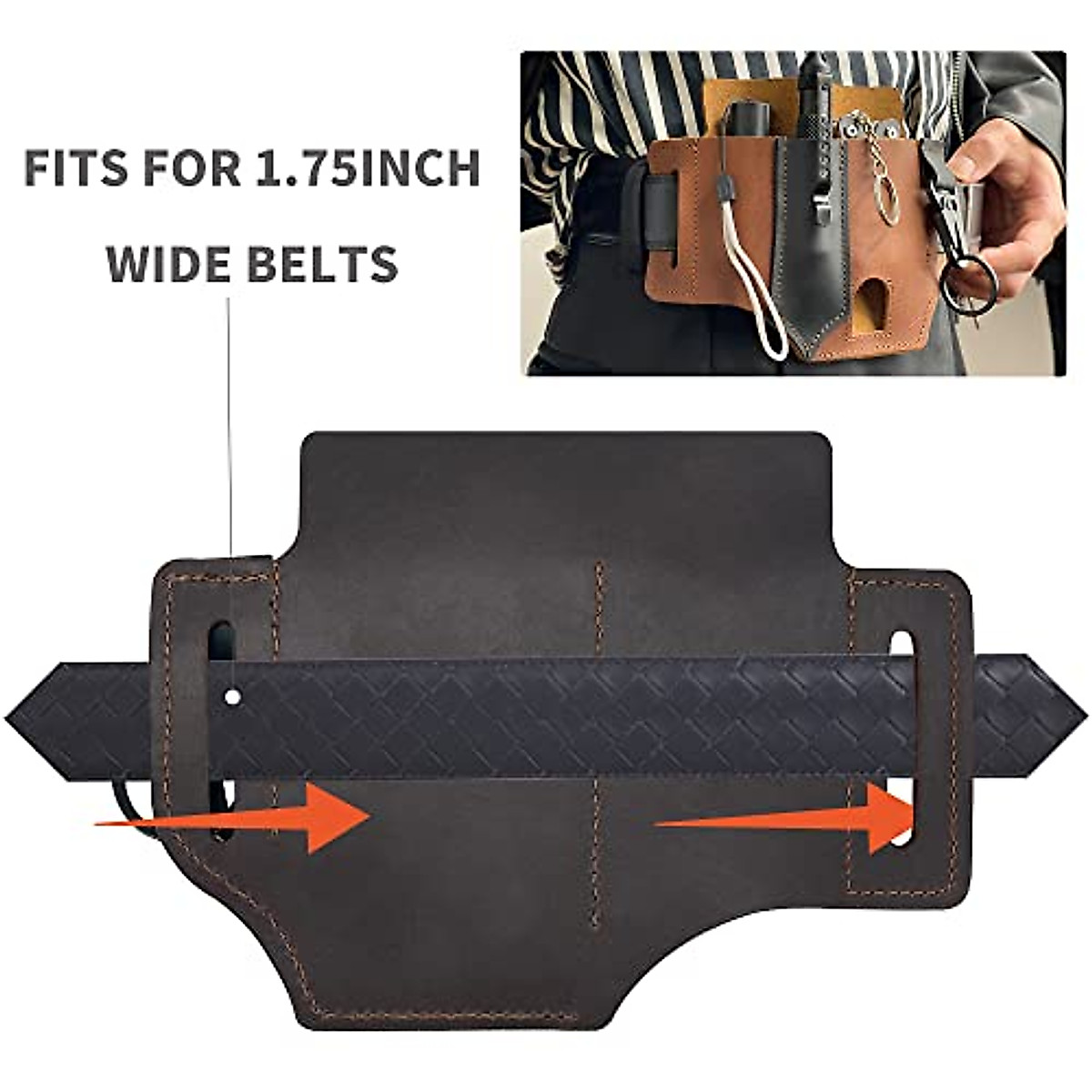 KANGDE Genuine Leather EDC Belt Loop Waist Multitool Sheath, EDC Pocket Organiser Pouch, Handmade 3 Pockets Organizer Sheath for FlashlightsTactical pensTools…, Dark Brown