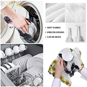 Chucoco Dish Towels for Kitchen, Hand Towel Cleaning Cloths Yellow Sunflowers with Black White Cow Absorbent Fast Drying Dish Rags, Cattle Animals Wood Board Bathroom Cloth Set of 4 with Hanging Loop