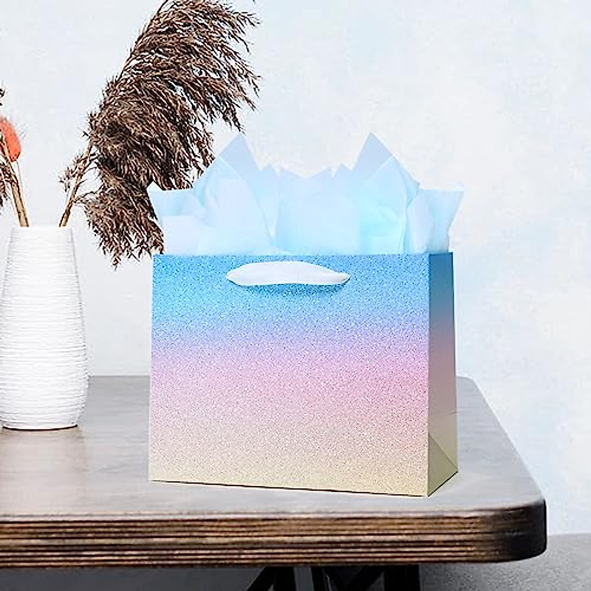 PAPER FAIR 12Pcs Ombre Blue Cream Gift Bags Bulk w/ 24 Tissue Paper, 9 x 7 In, Gradient Pastel Glitter Paper Gift Wrap Bag, Recyclable Gift Packaging for Christmas Birthday Father's Day Baby Shower Party Favor Décor