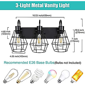 Mlambert 3-Light Industrial Bathroom Vanity Light, Vintage Metal Cage Wall Sconce, Rustic Farmhouse Wall Light Fixture, Wall Lamps for Bedroom, Living Room, Mirror Cabinet, Black (Bulb Not Included)
