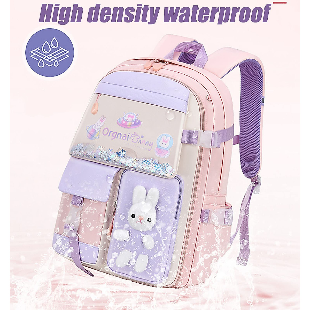 Bunny Backpack, Kawaii Bunny Backpack for Girls, Large Capacity Waterproof Kawaii Bookbag for Grades 1-6 (Purple, Large)