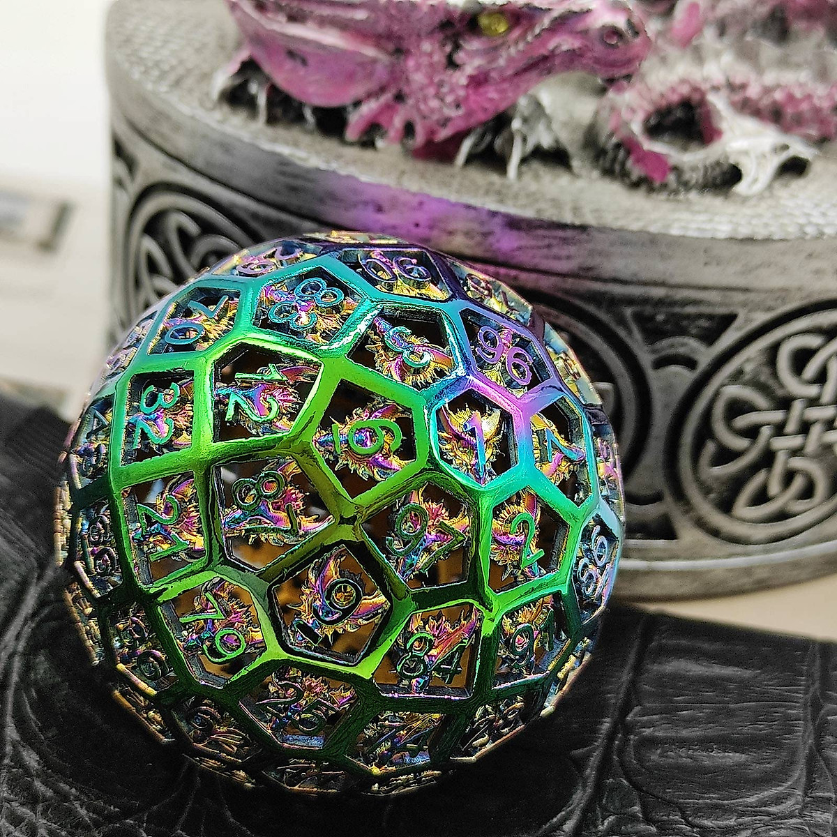 DND Dice Set D100 Polyhedral Metal Hollow RPG Dungeons and Dragons Pathfinder MTG D&D Board Game Dice Accessories and Digital Teaching with Black Leather Bag-Colorful