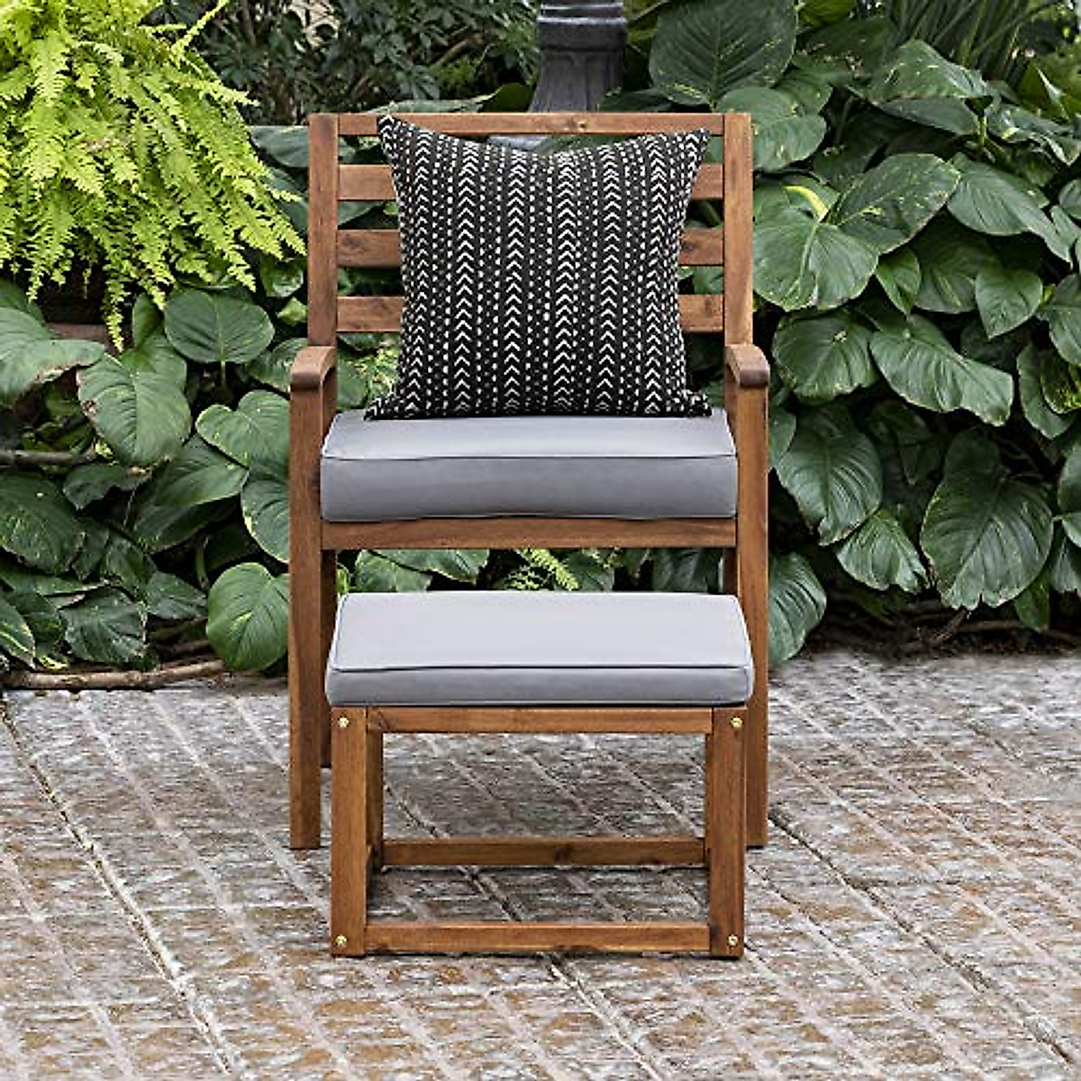 Walker Edison Villa Modern Acacia Wood Patio Chair and Ottoman Set with Cushions, 35 Inch, Brown